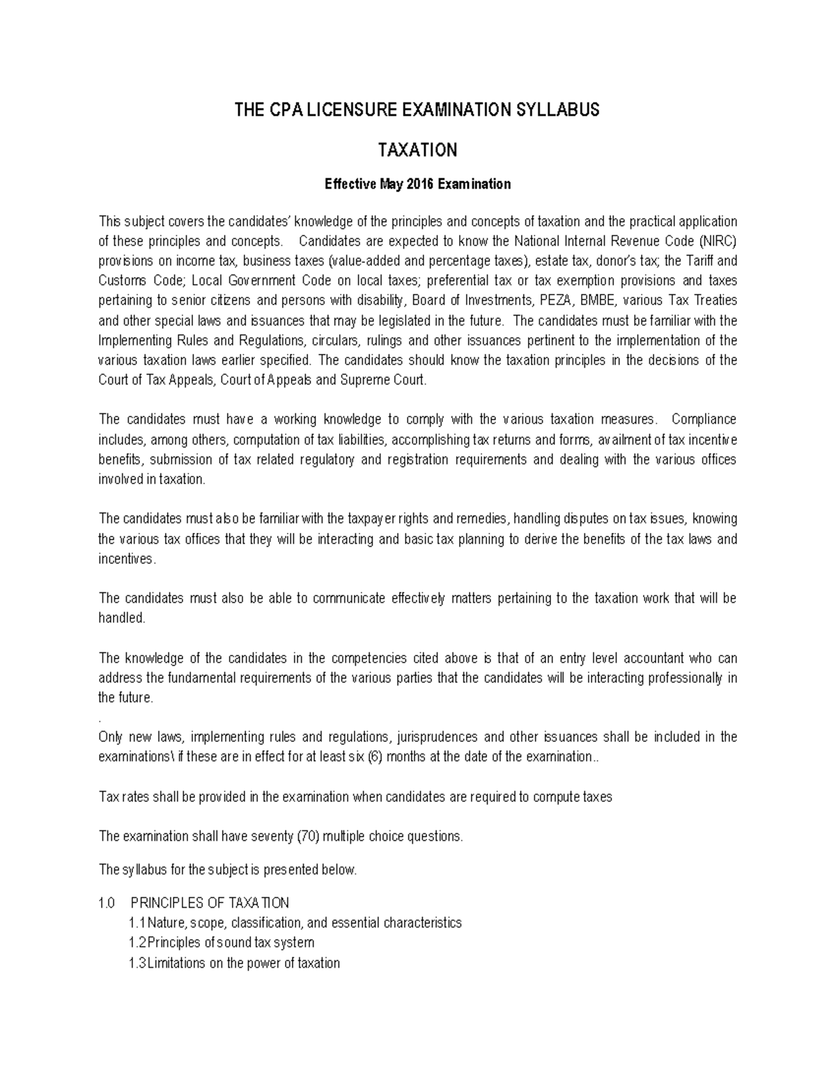 TAX Sy - THE CPA LICENSURE EXAMINATION SYLLABUS TAXATION Effective May ...