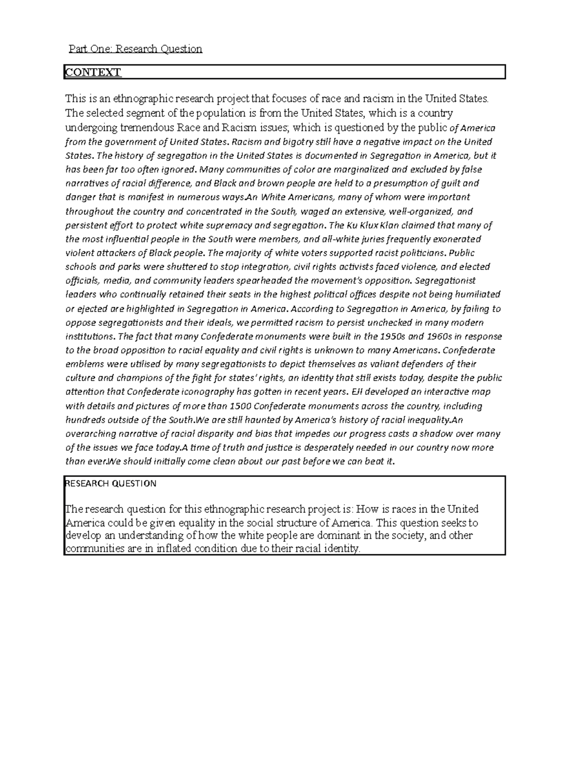 Sample Research Paper 1 - Part One: Research Question CONTEXT This is ...