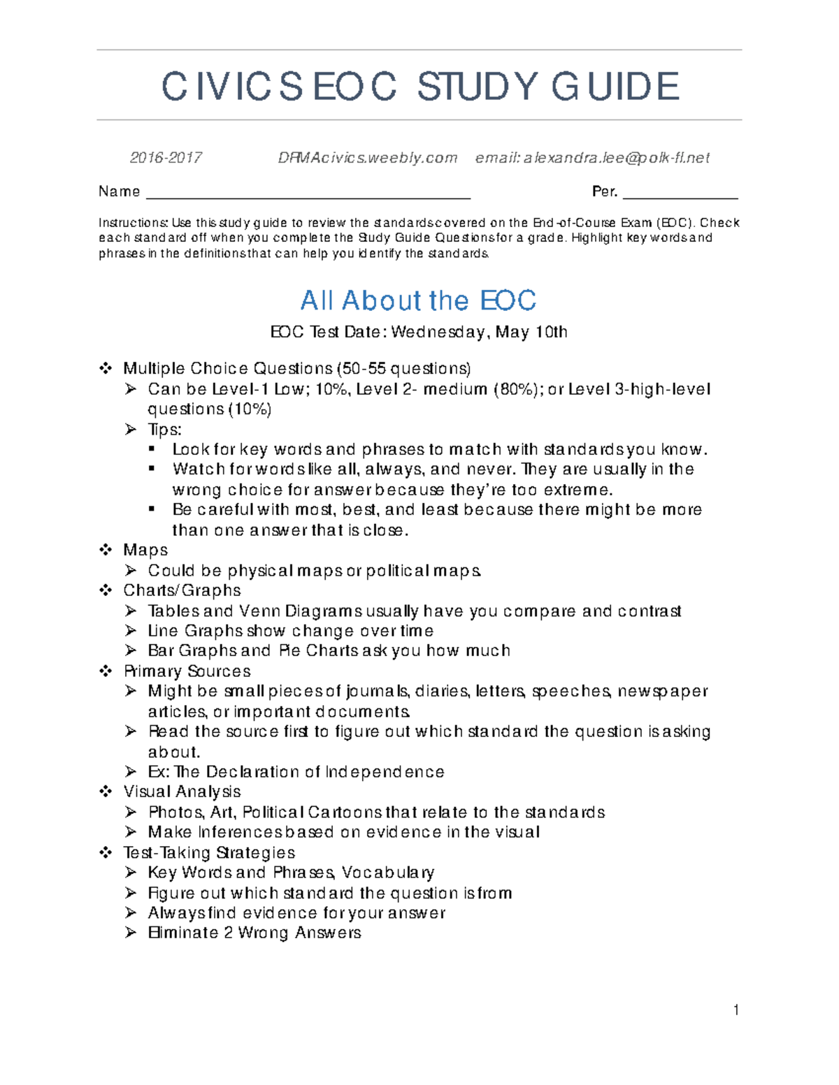 Civics EOC Study Guide - C IVIC S EO C STUDY G UIDE 2016-2017 DRMAc ...