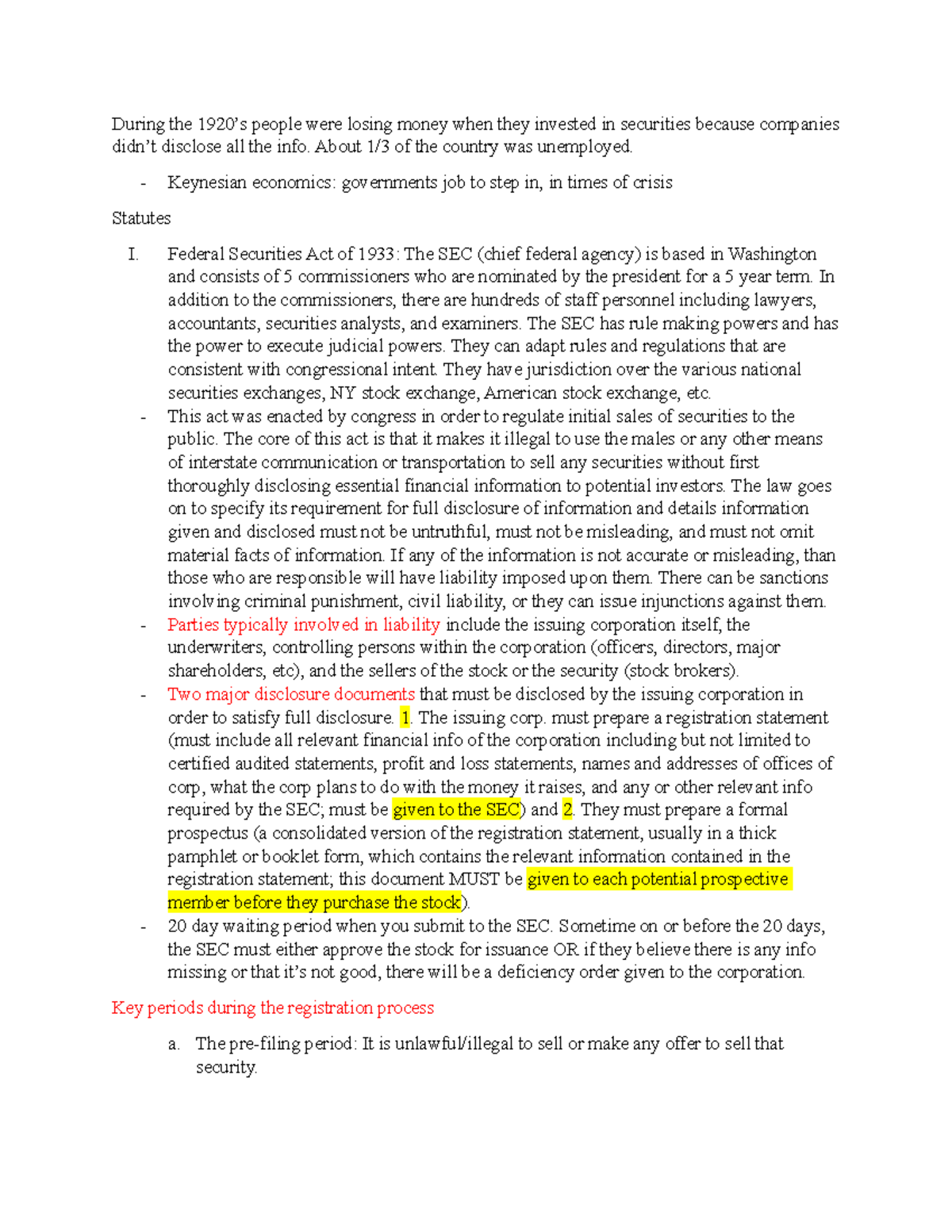 Securities and Regulations - During the 1920’s people were losing money ...