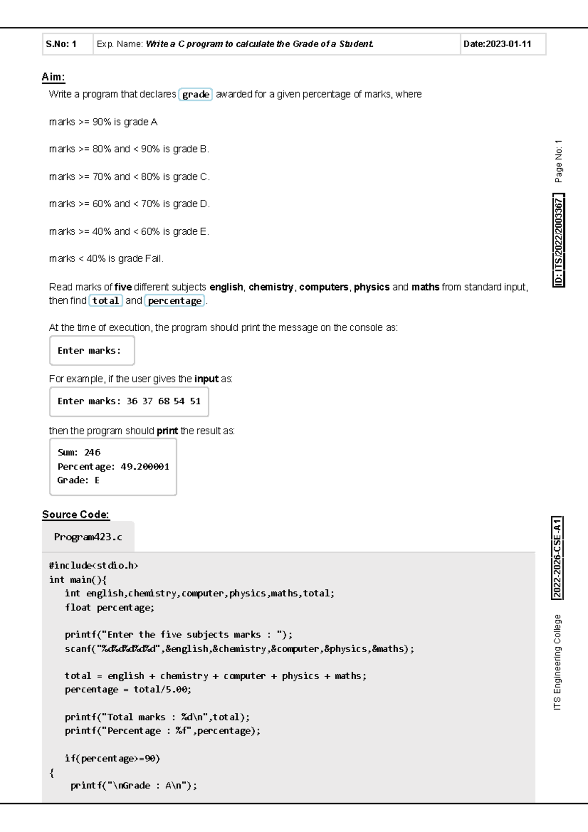 nothing just some - S: 1 Exp. Name: Write a C program to calculate the ...