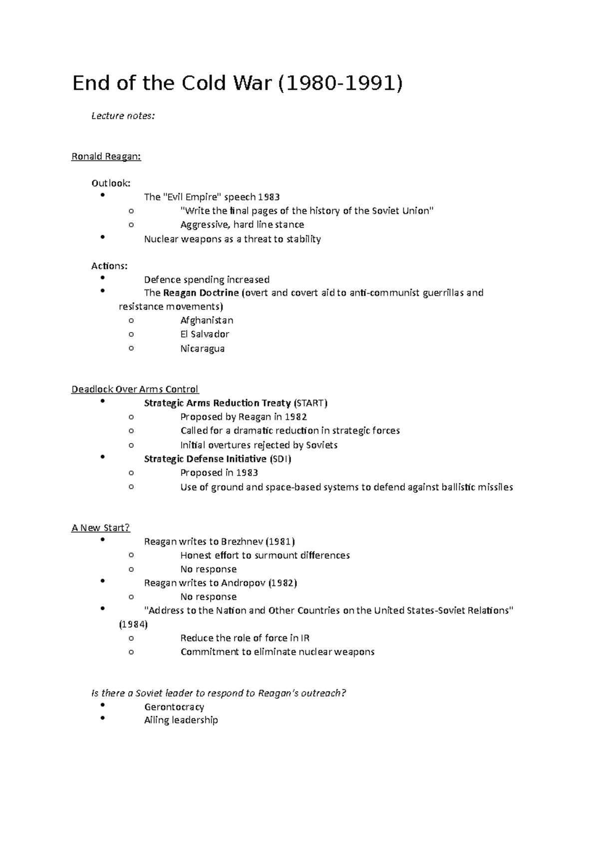 End of the Cold War - Lecture notes 21 - End of the Cold War (1980-1991 ...