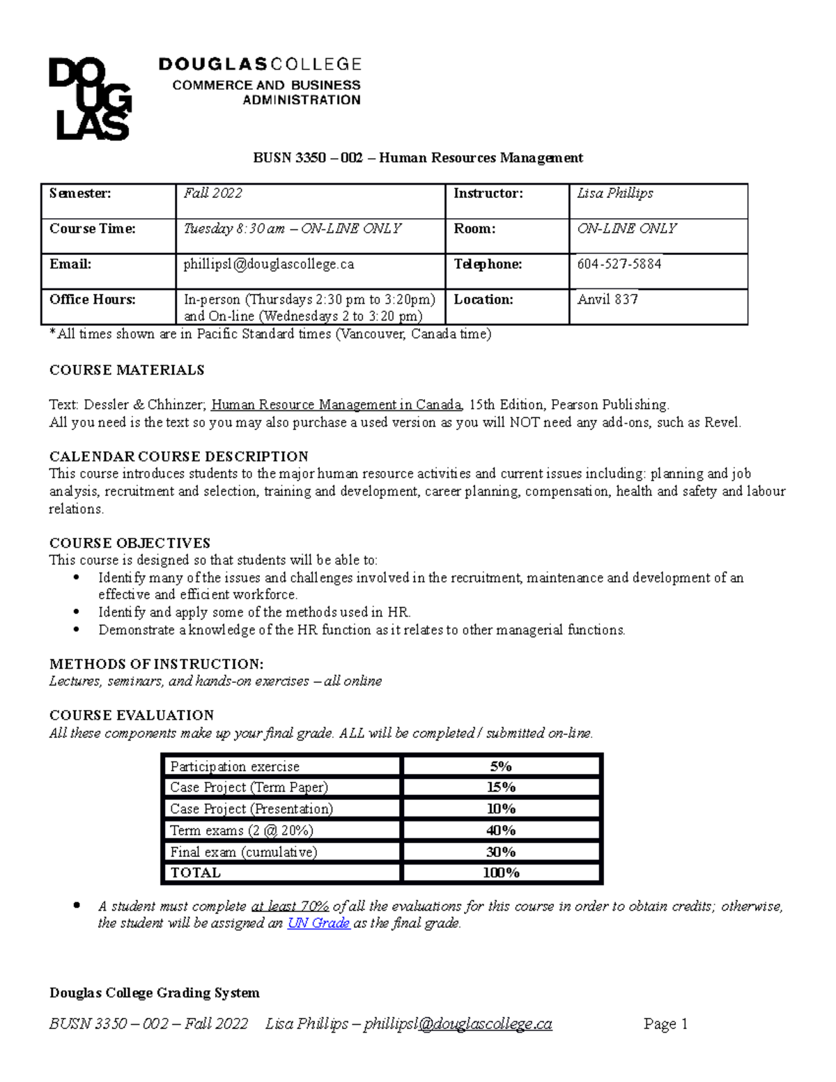 BUSN3350-002Outline(2) - BUSN 3350 – 002 – Human Resources Management ...