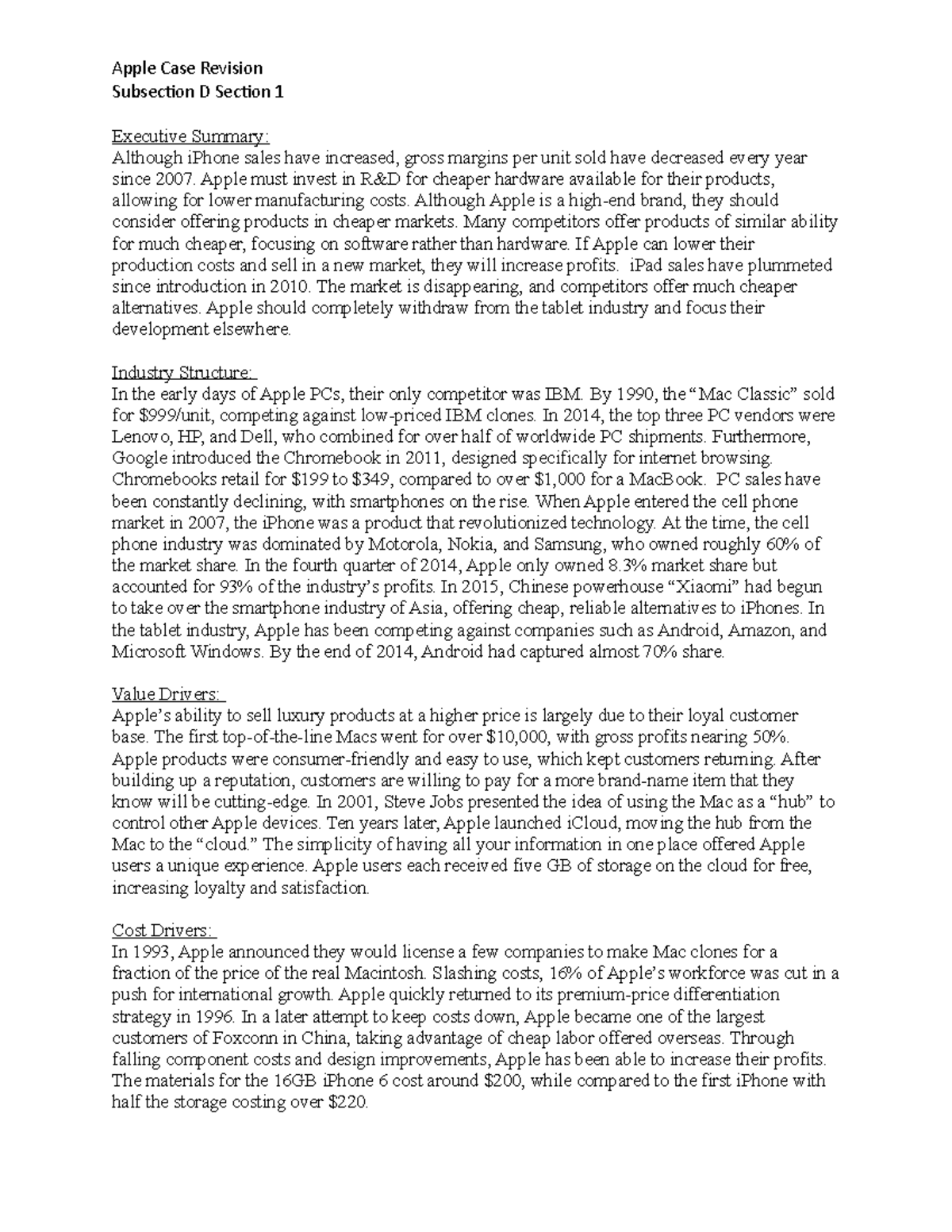 Apple Case Analysis - Apple Case Revision Subsection D Section 1 ...