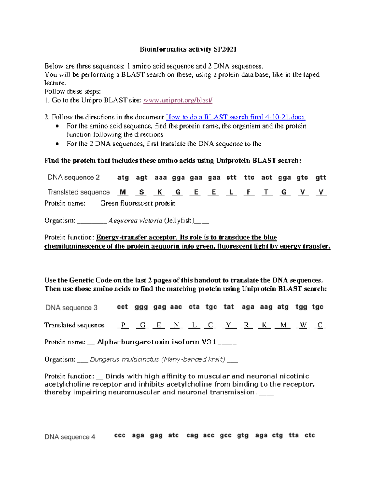 Bioinformatics activity posted online SP2021 - Bioinformatics activity ...