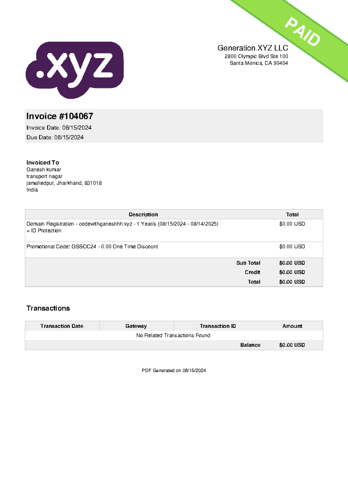 Invoice-104067 - nice - PAID Generation LLC 2800 Olympic Blvd Ste 100 ...