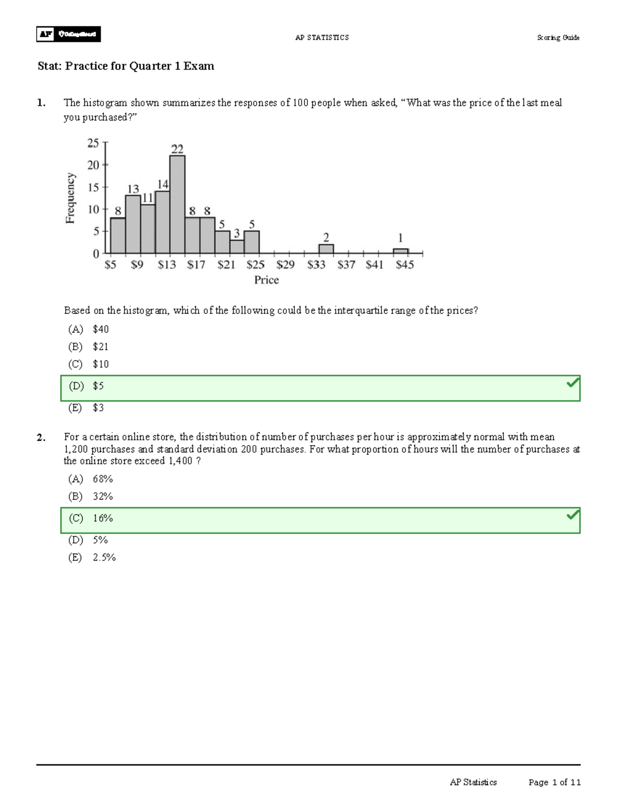 Q1 practice for exam key - The histogram shown summarizes the responses ...
