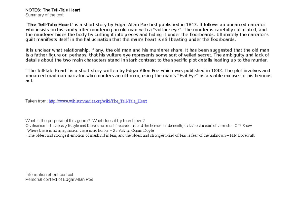 Tell-Tale Heart Notes - NOTES: The Tell-Tale Heart Summary of the text ...