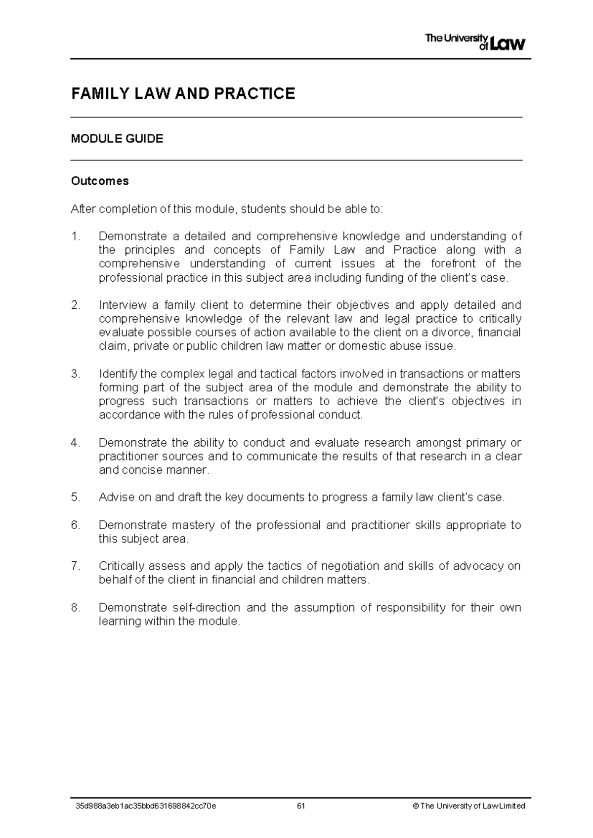 Family Law module guide for 2024 session - FAMILY LAW AND PRACTICE MODULE GUIDE Outcomes After ...