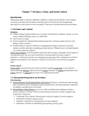 Chapters 7-9 Summaries - 7 Deviance and Control Deviance is a violation ...