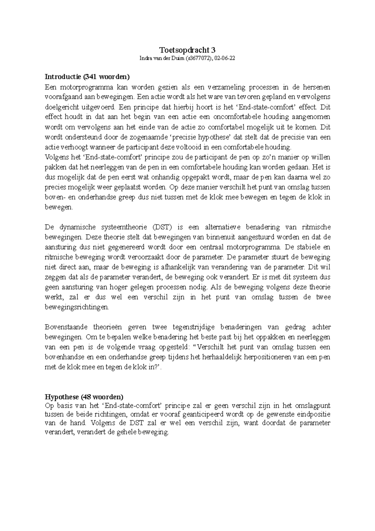 Toetsopdracht 3 - Verplichte toetsopgave motorische controle 2021 - Toetsopdracht 3 Indra van ...