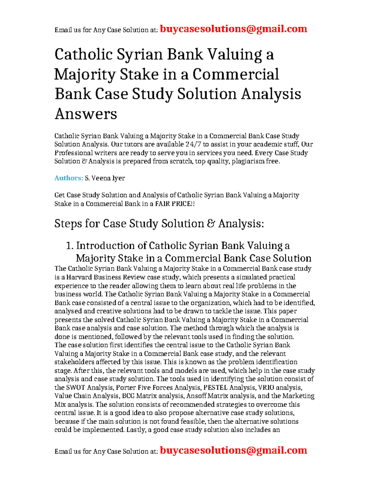 Case Solution Catholic Syrian Bank Valuing a Majority Stake in a ...