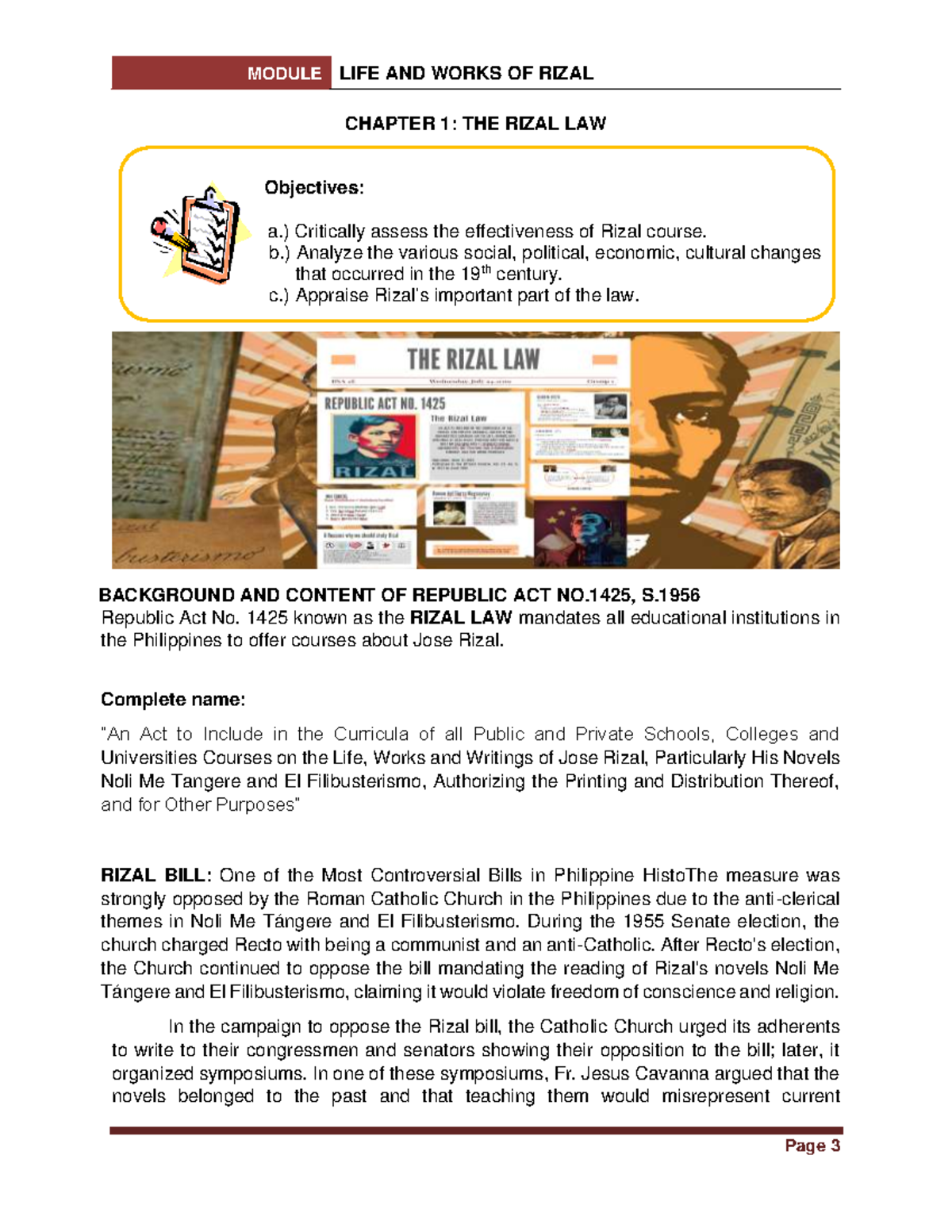 Rizal - CHAPTER 1: THE RIZAL LAW Objectives: a.) Critically assess the ...