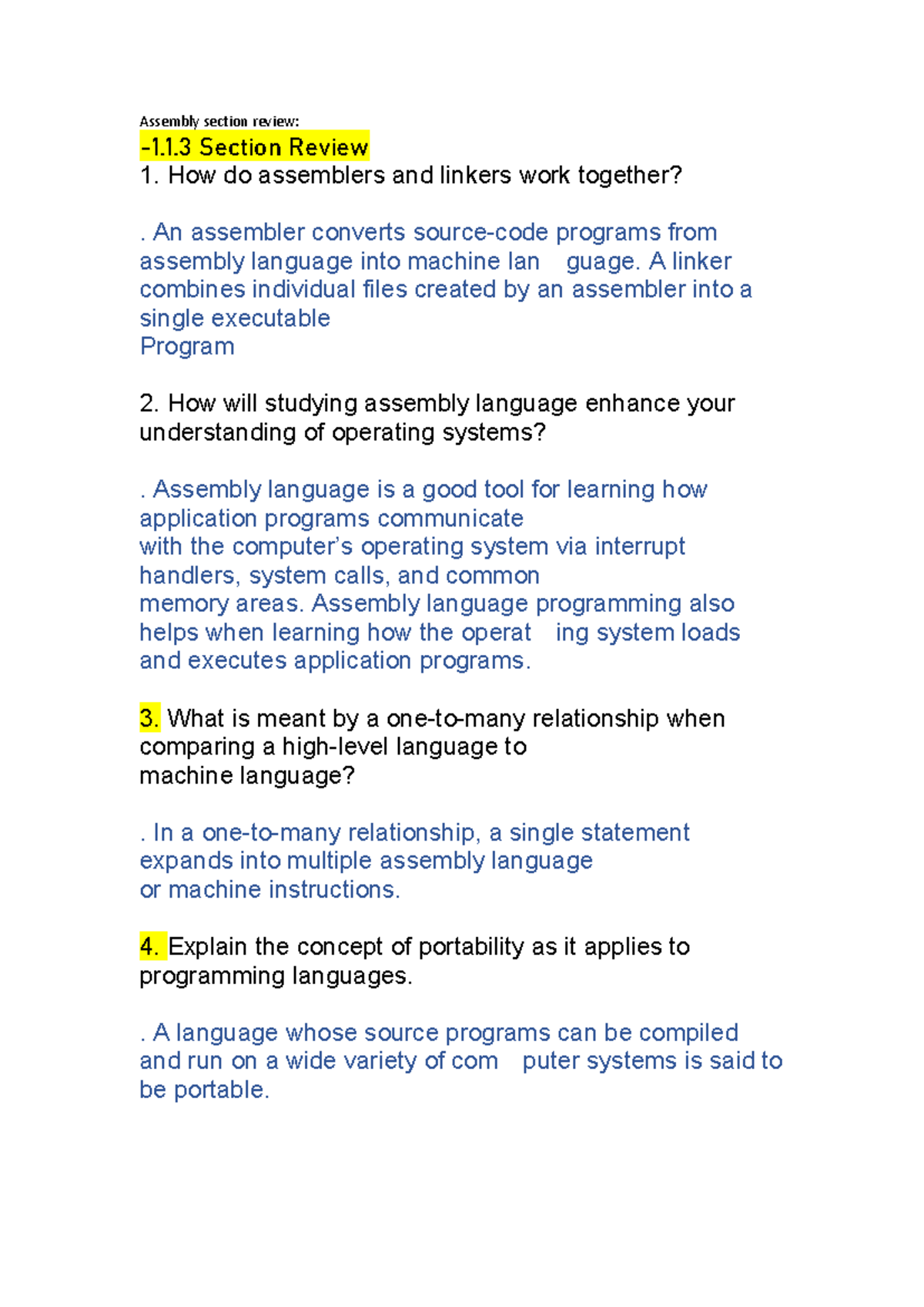 Assembly section review ch1-ch4 - Assembly section review: 1.1 Section ...
