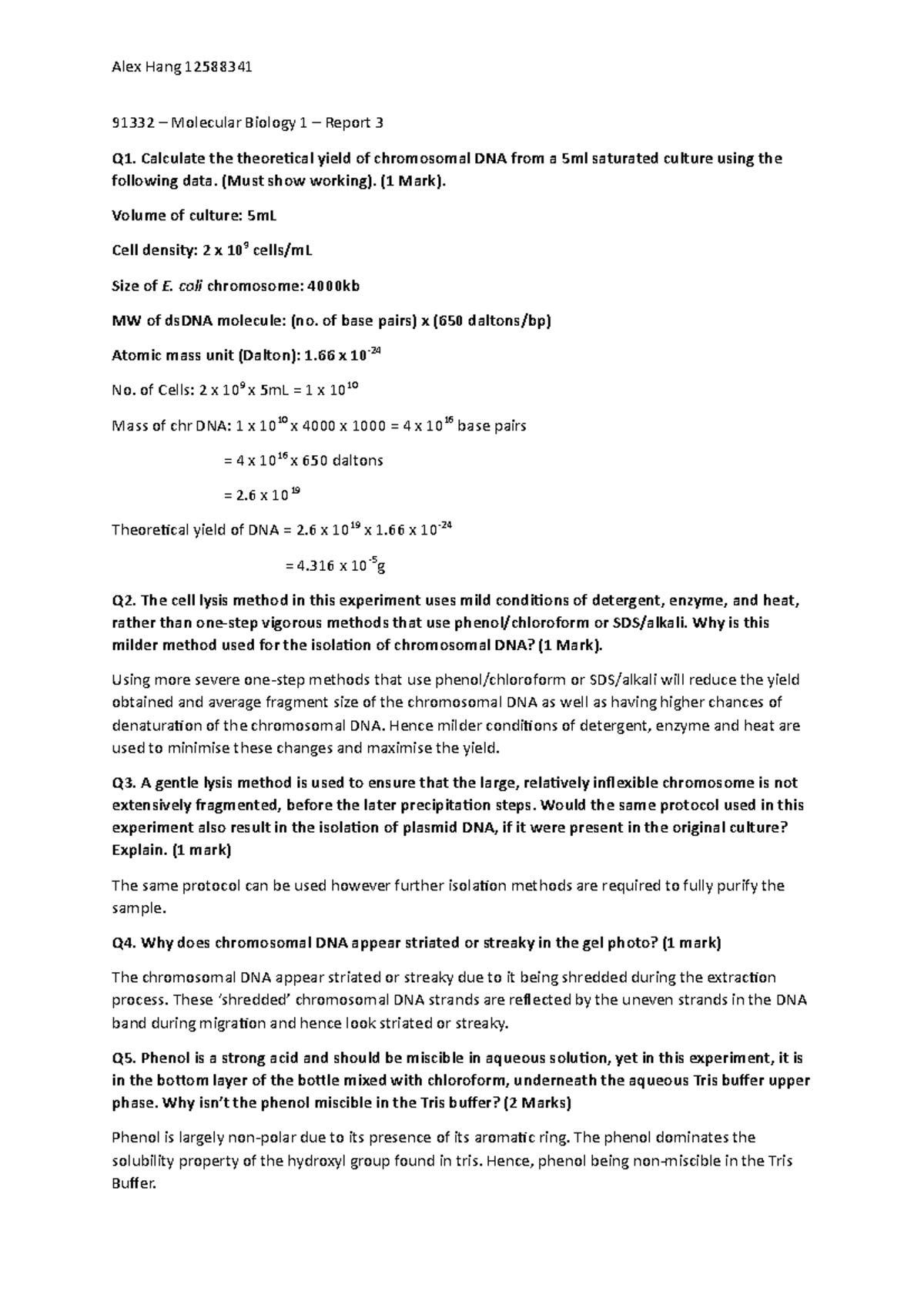 91332 Molecular Biology 1 - Prac report 3 - Alex Hang 12588341 91332 ...