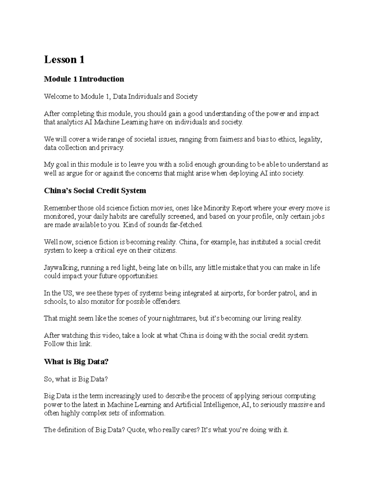 AI Ethics Lessons 1-8 Transcripts - Lesson 1 Module 1 Introduction Welcome to Module 1, Data ...