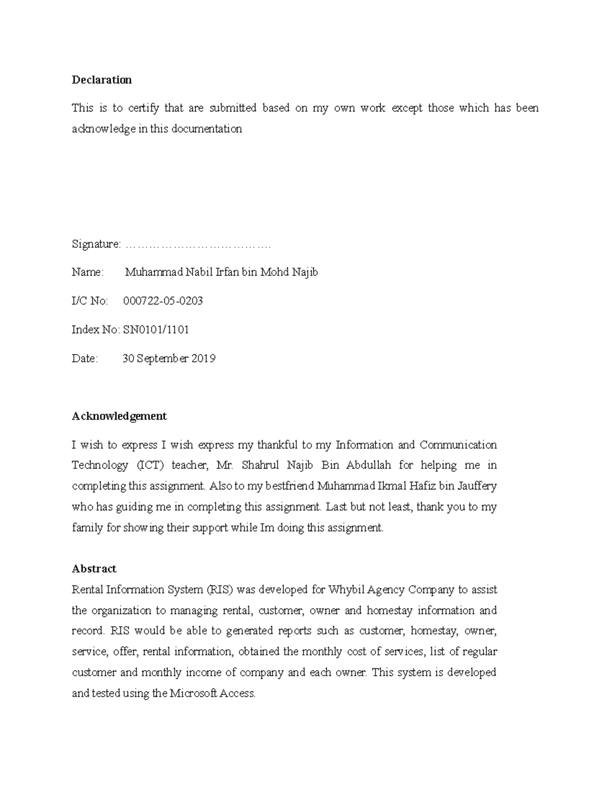 Declaration - tuto - Foundation of Information Management - UiTM - Studocu