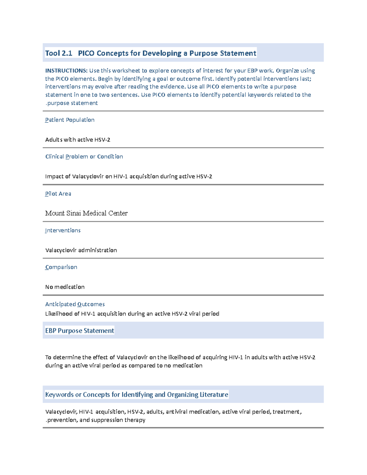 Answer 2 5 - PICO QUESTION - Tool 2 PICO Concepts for Developing a Purpose Statement ...