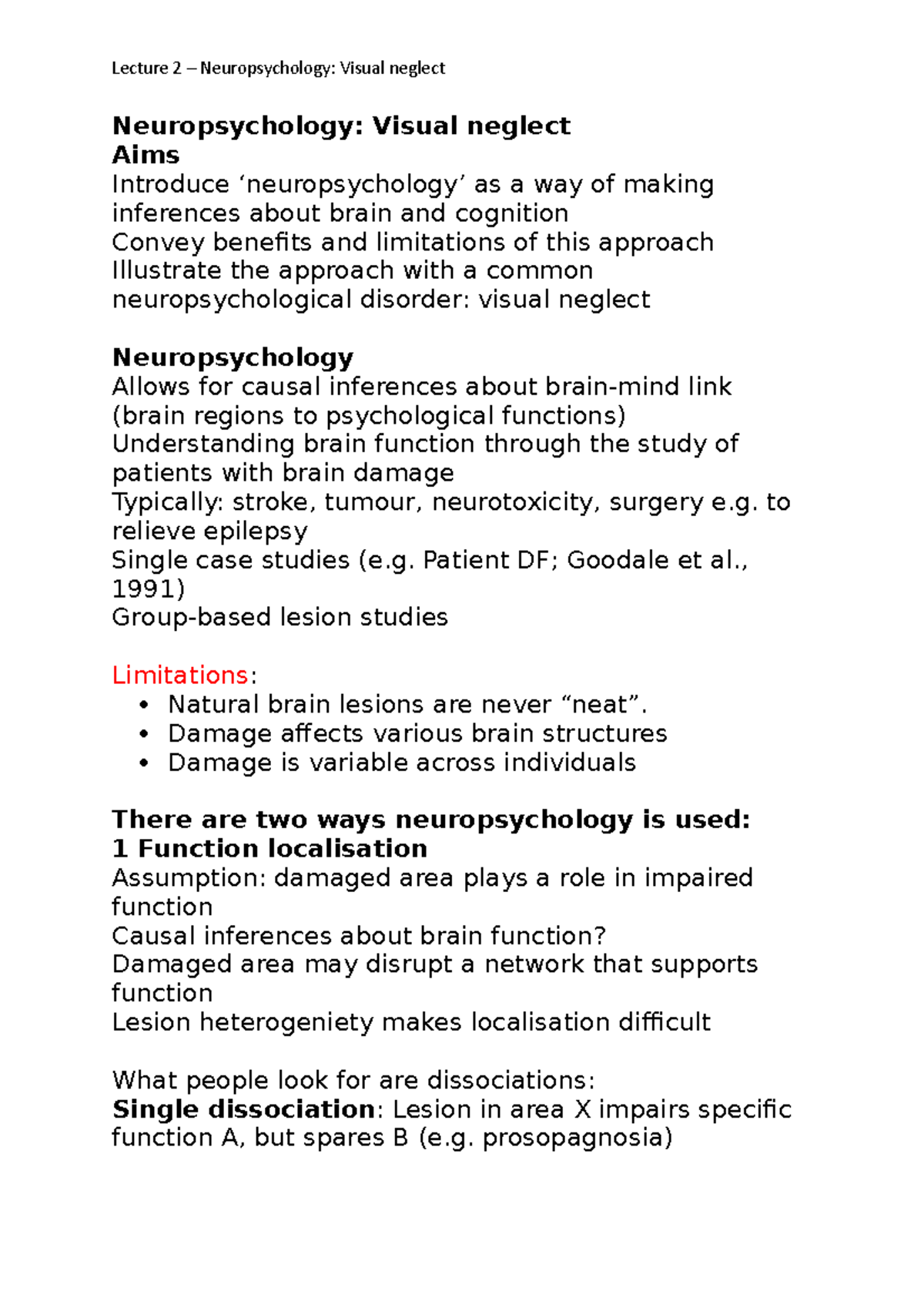 Lecture 2 - Visual Neglect - Neuropsychology: Visual neglect Aims ...