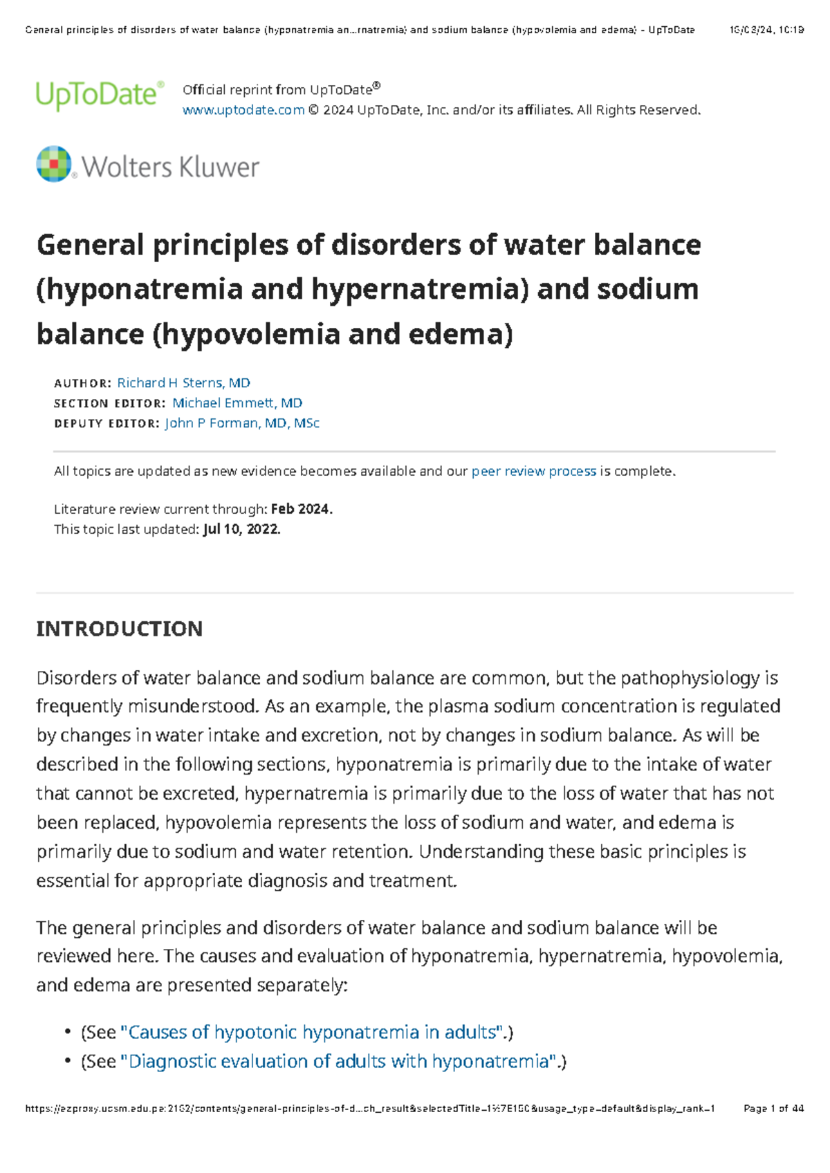 General principles of disorders of water balance (hyponatremia and ...
