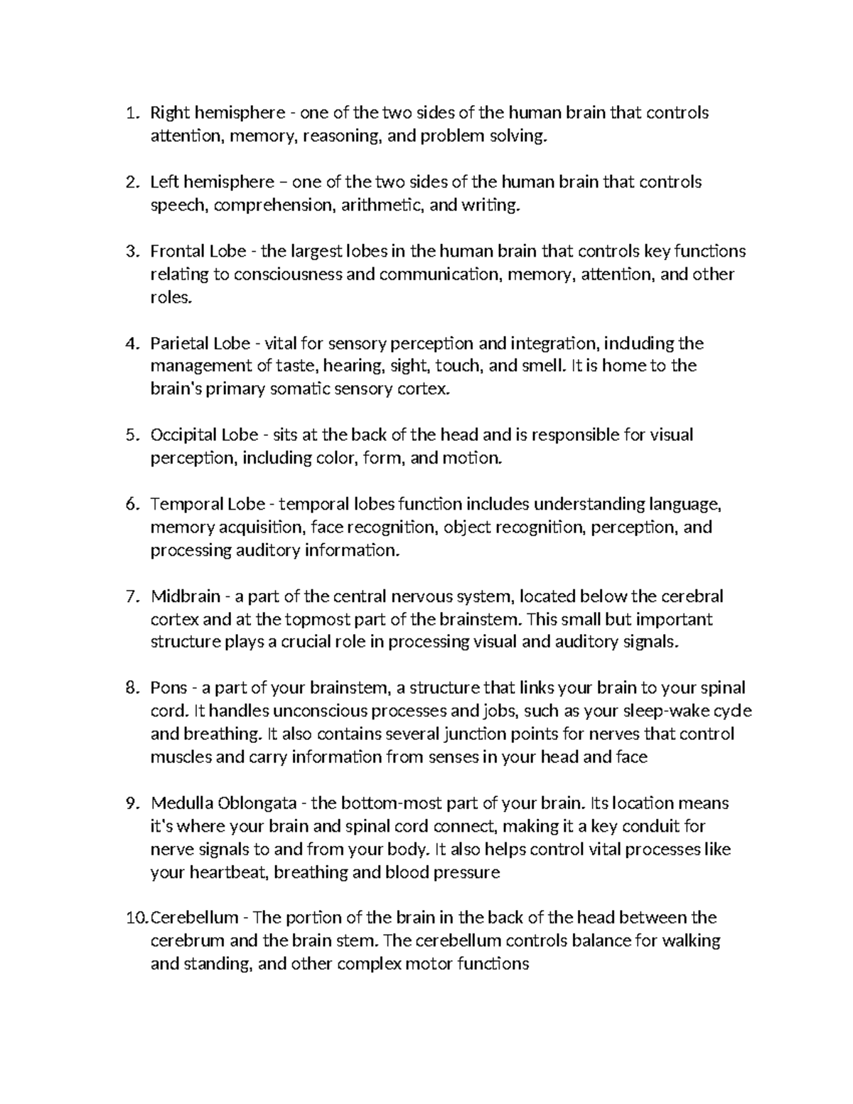 Brain Descriptions - Cheat sheet - Right hemisphere - one of the two ...