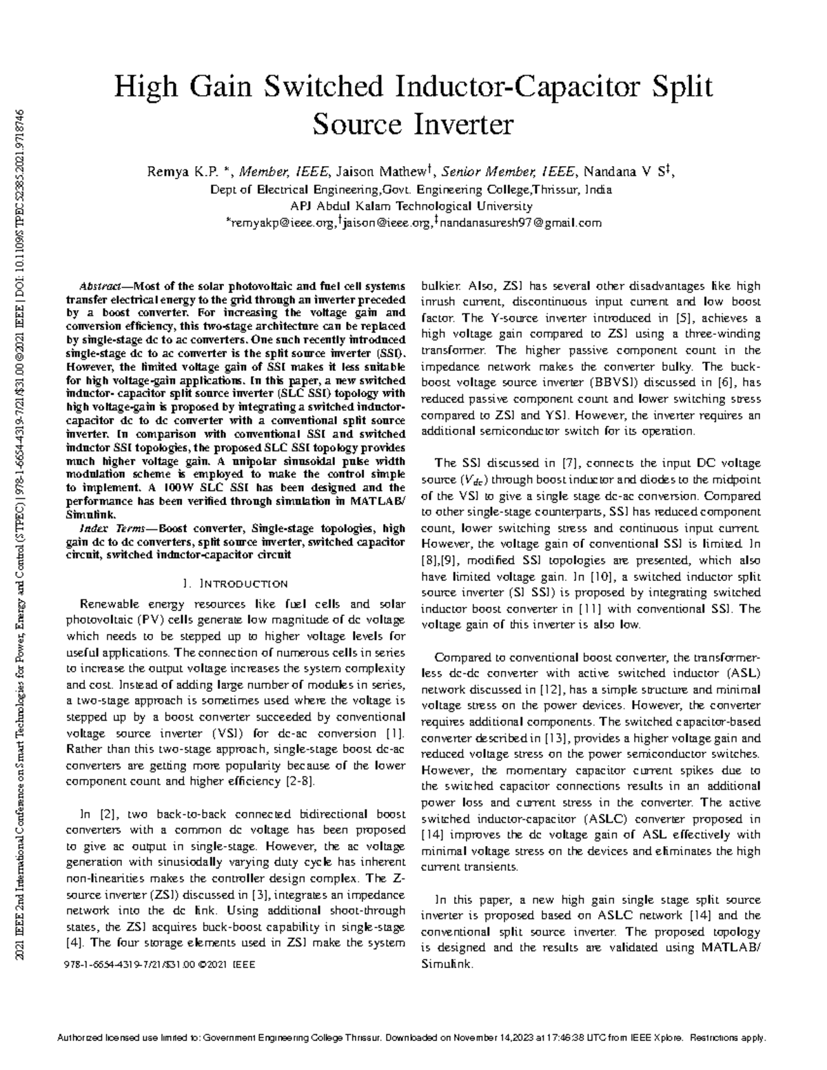 High Gain Switched Inductor-Capacitor Split Source Inverter - ∗, Member ...