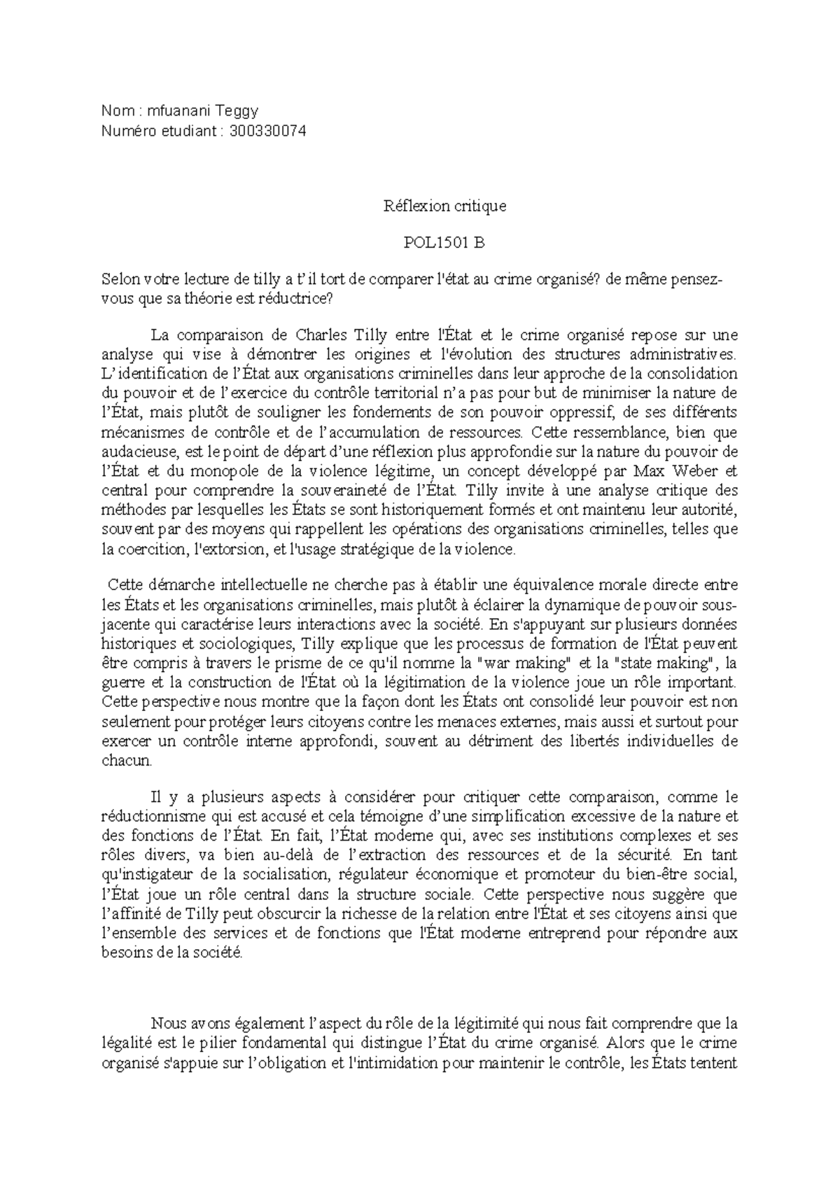 Penser critique - Nom : mfuanani Teggy Numéro etudiant : 300330074 ...
