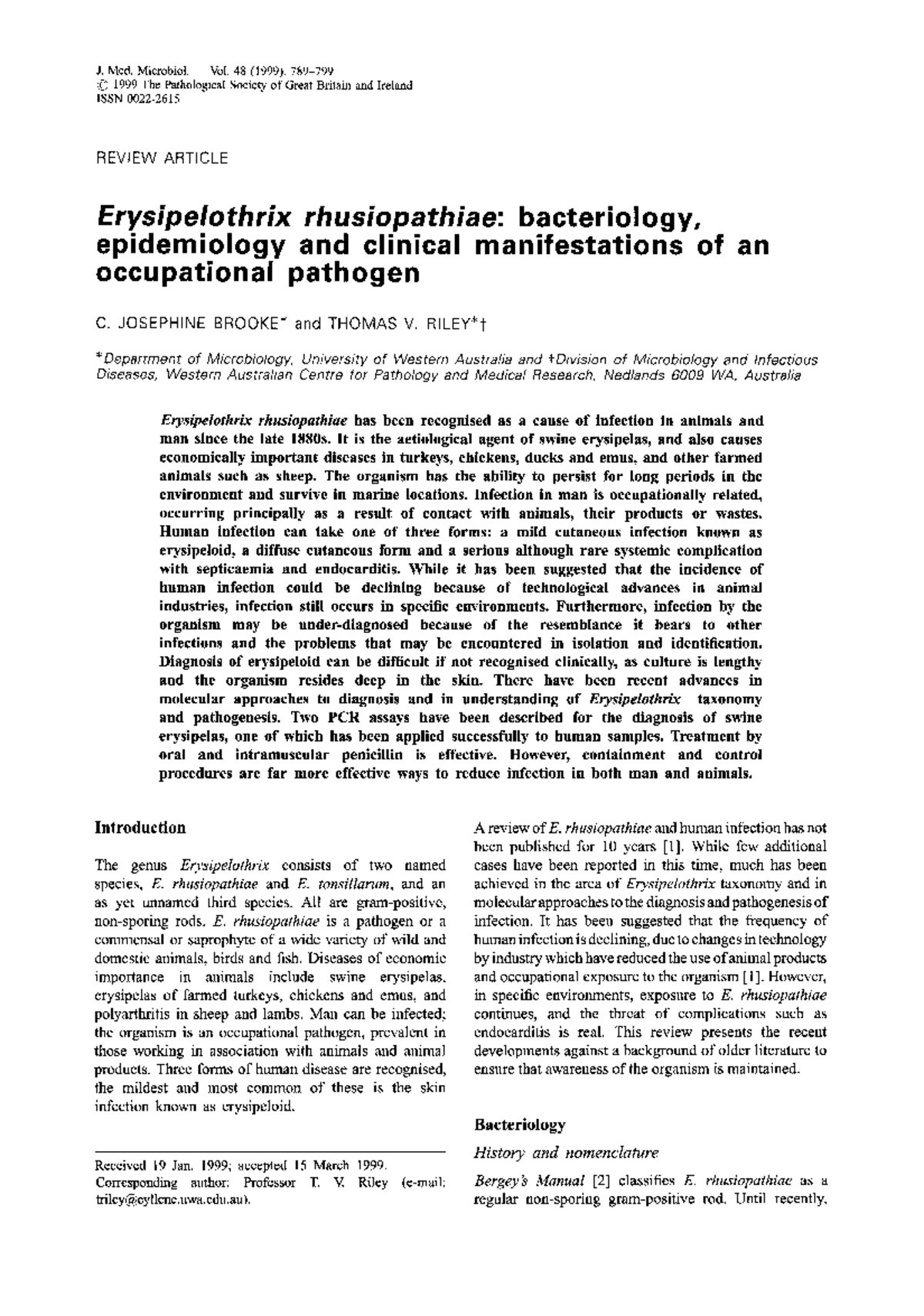 Erysipelothrix article - J. Med. Microbiol. - Vol. 48 (1999), 789- 0 ...