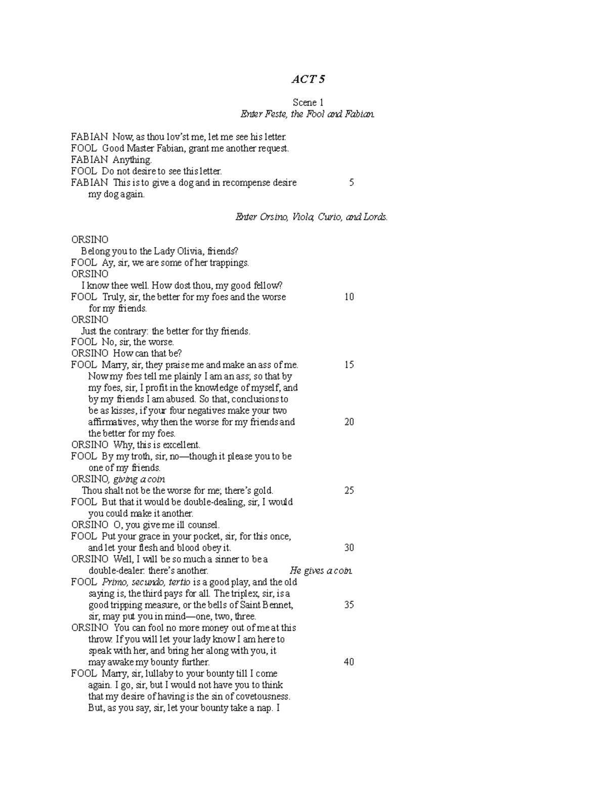 Twelfth night ACT V - ACT 5 Scene 1 Enter Feste, the Fool and Fabian ...