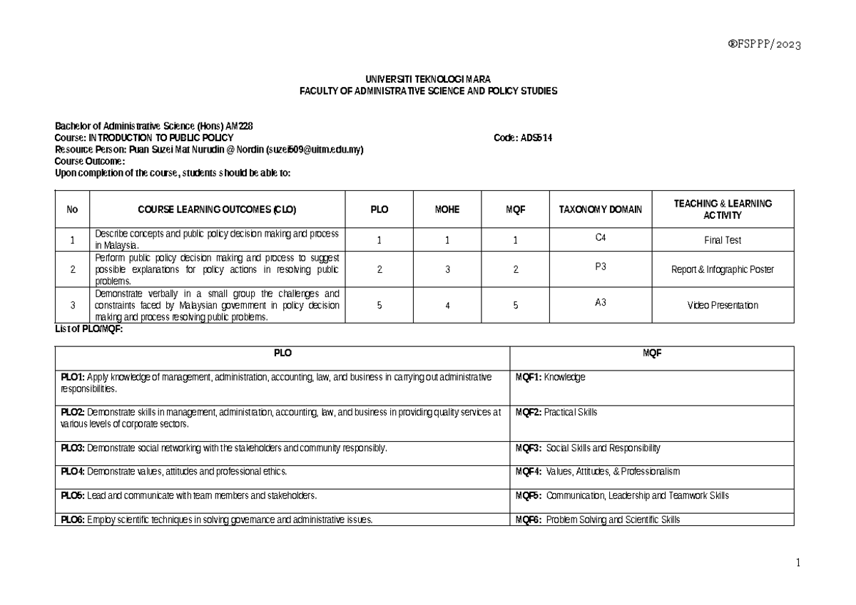ADS514 Scheme OF WORK March August 2023 - UNIVERSITI TEKNOLOGI MARA ...