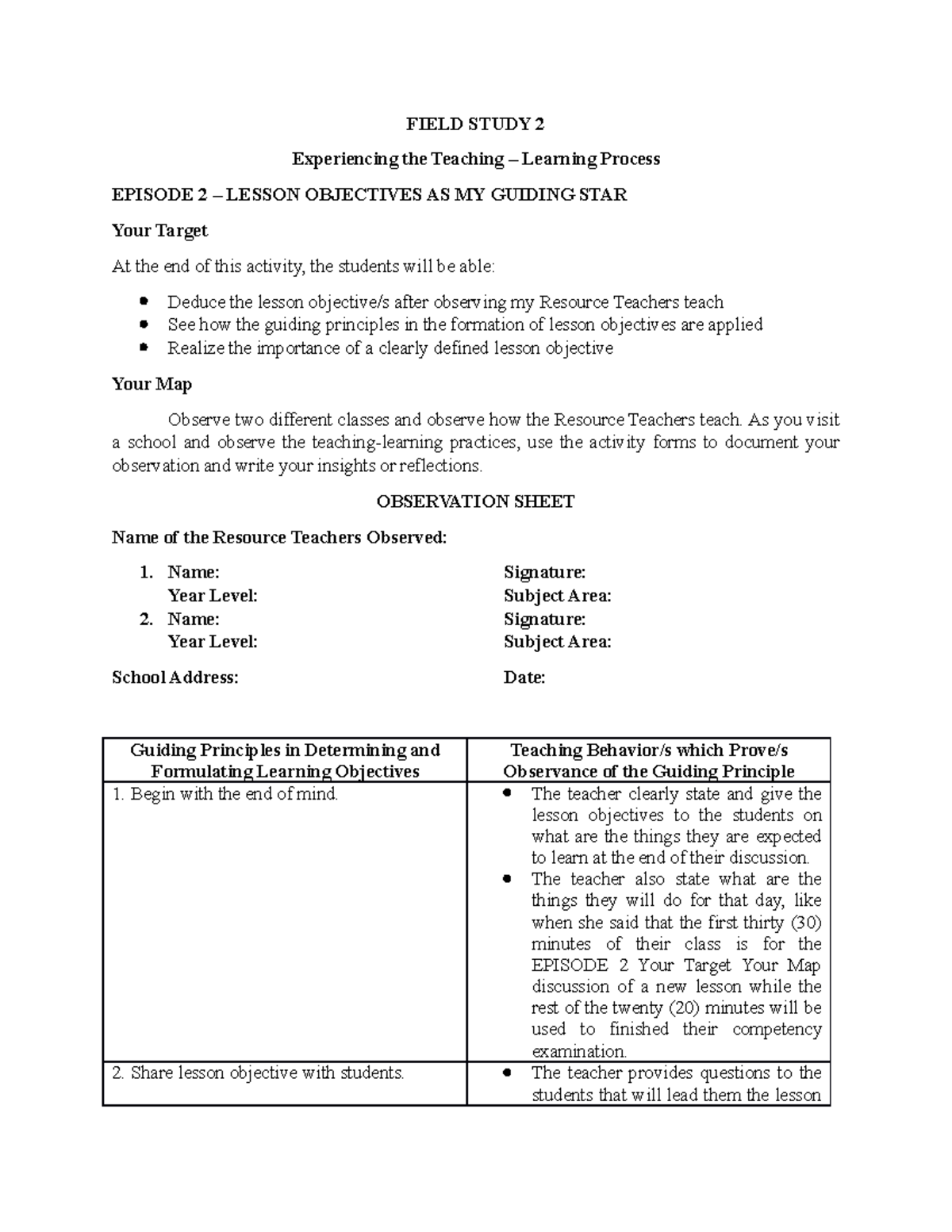 Field Study 2 Episode 2 – Lesson Objectives AS MY Guiding STAR - FIELD ...