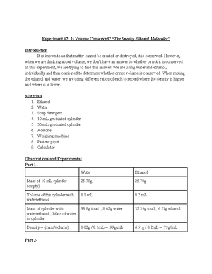 Lab 1 summary - Chem 106 Lab 1 “Chemistry is Life” The purpose of this ...