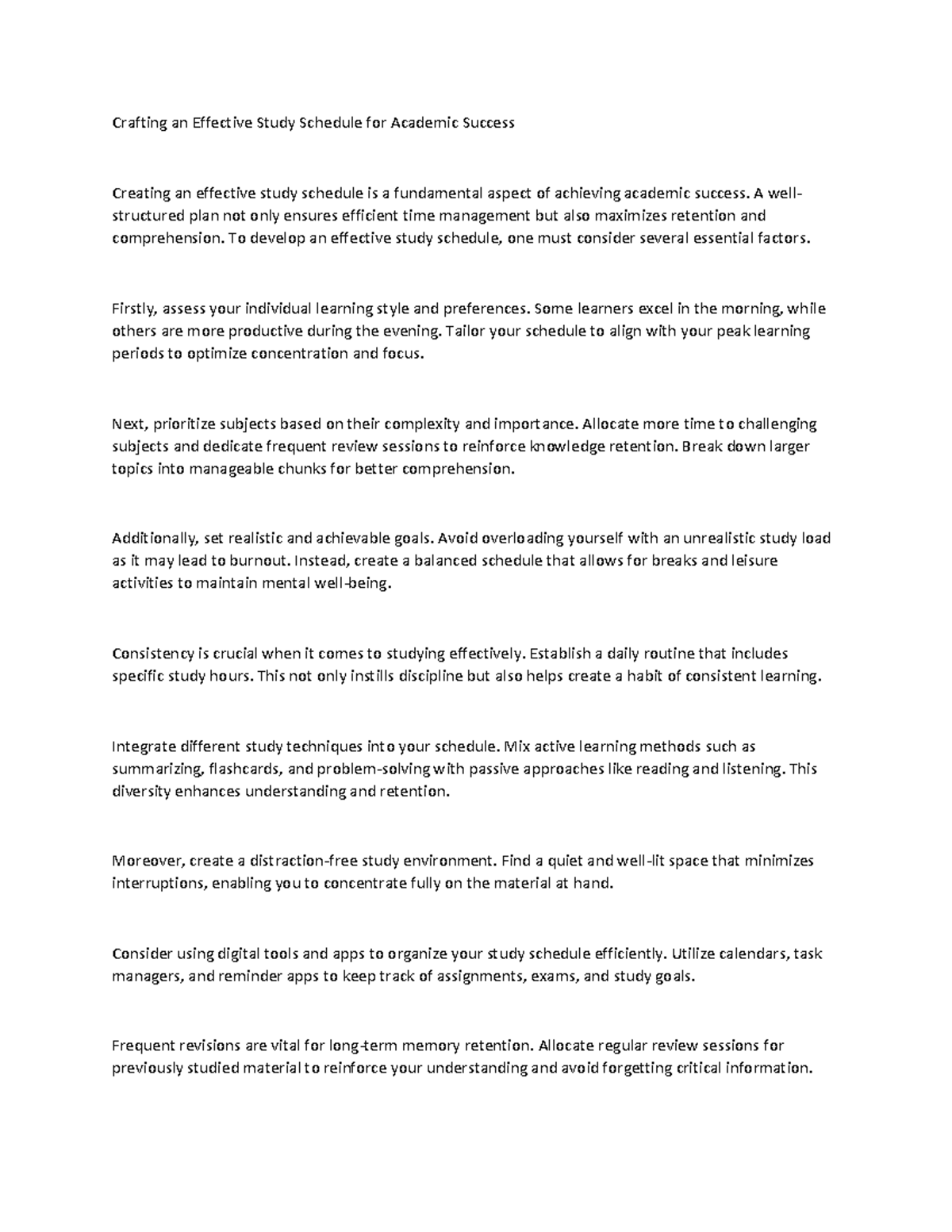 Crafting an Effective Study Schedule for Academic Success - A well ...