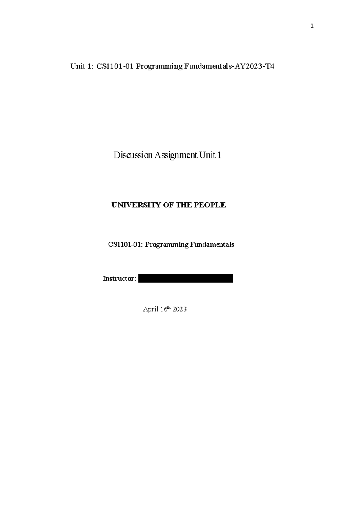 Discussion Assignment Unit 1 Cs1101 01 Programming Fundamentals Ay2023 T Discussion