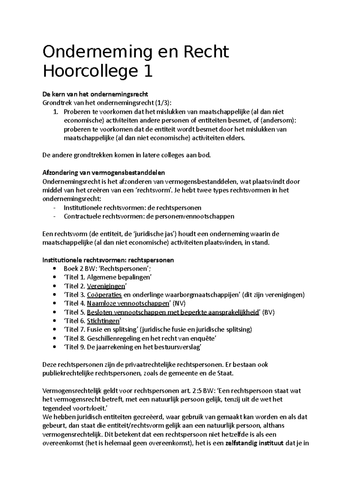Onderneming En Recht Hoorcollege 1 Van 2019 2020 Onderneming En Recht