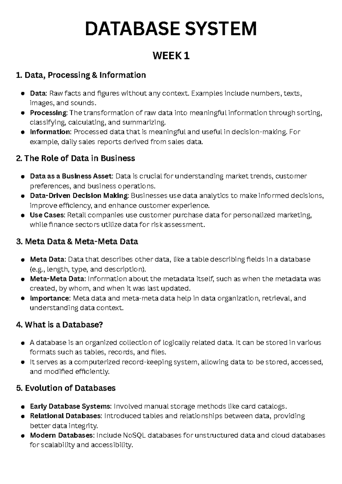 Database System Notes - DATABASE SYSTEM WEEK 1 1. Data, Processing ...