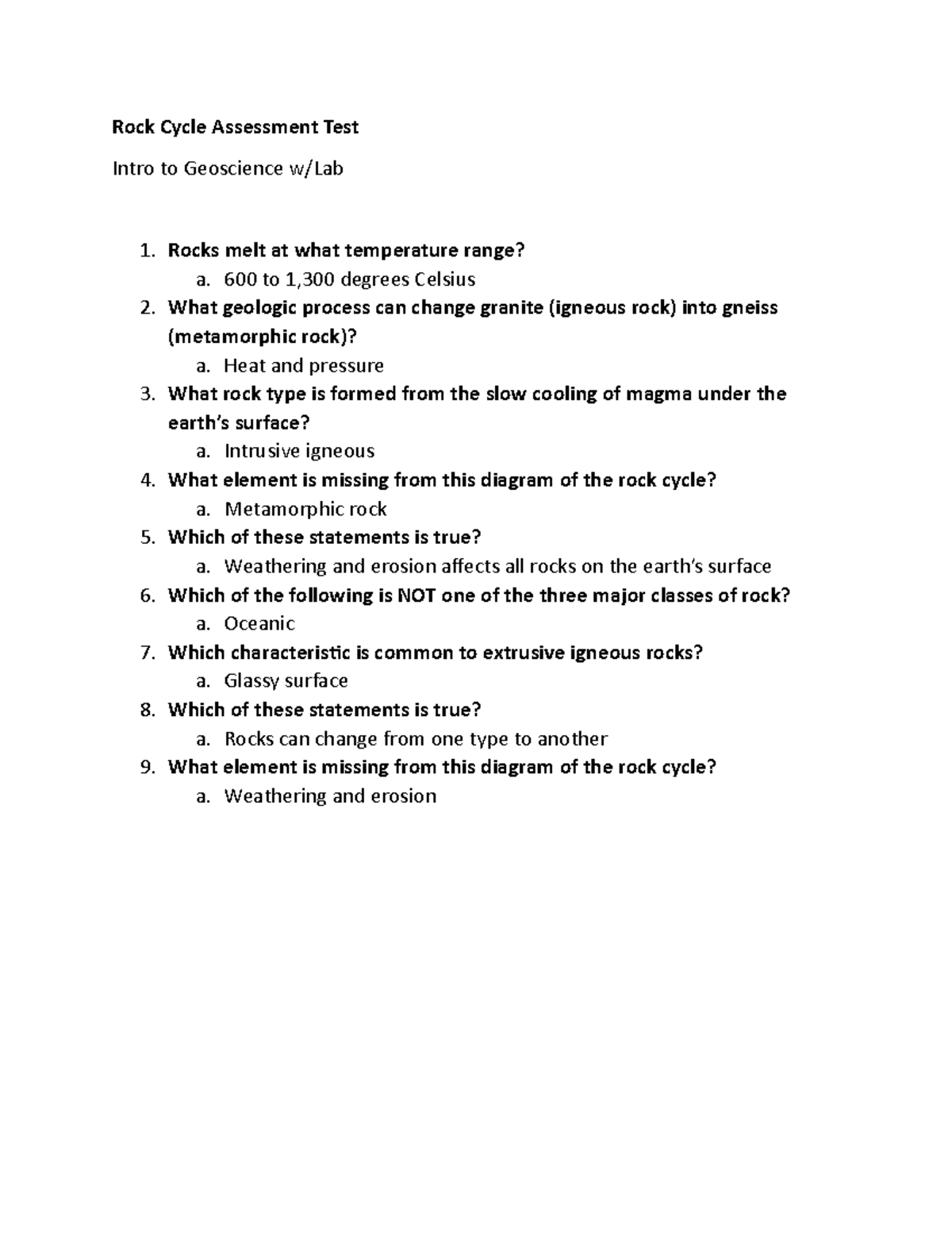 Rock Cycle Assessment Test - Rock Cycle Assessment Test Intro to ...