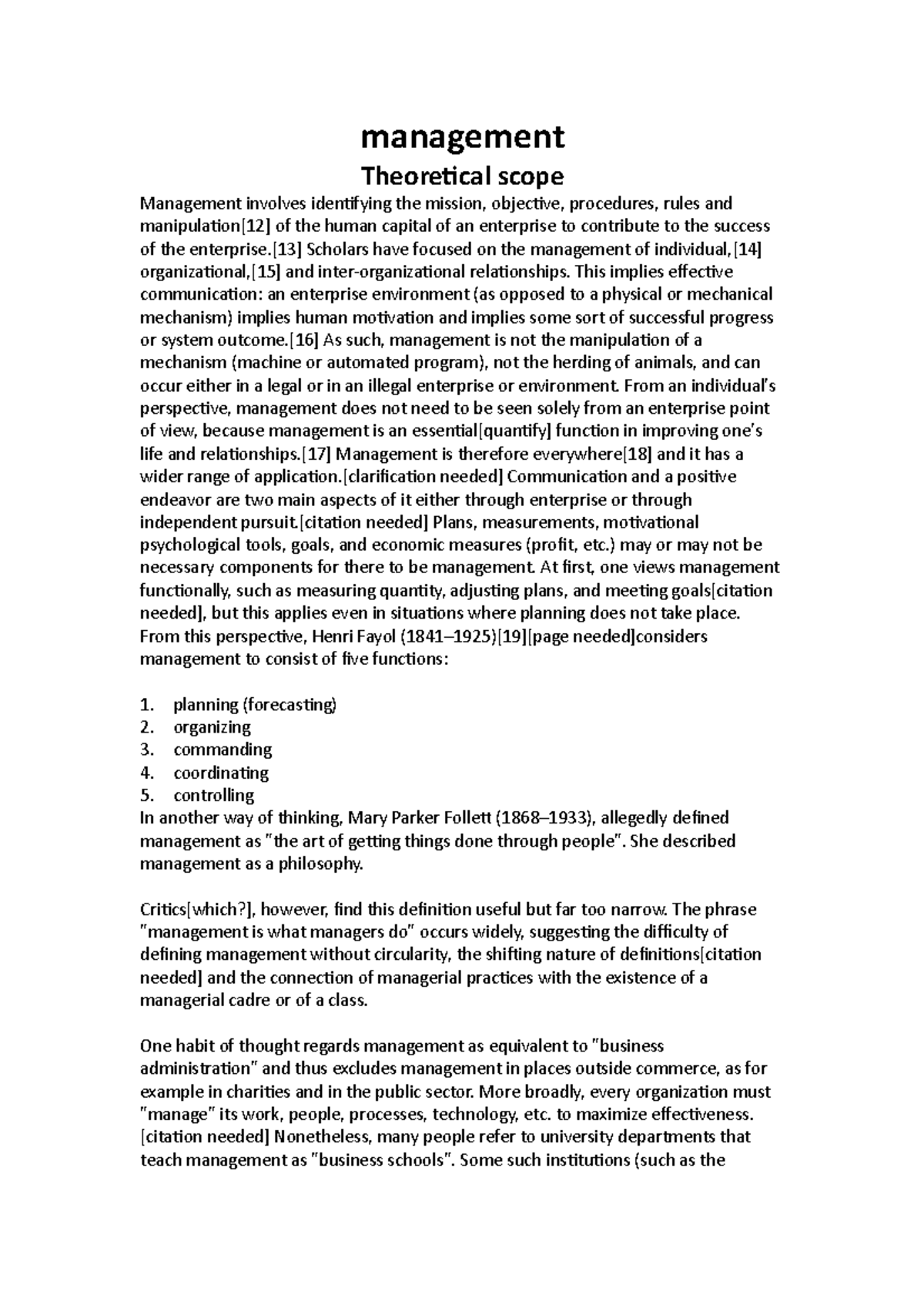 Management 123 - management Theoretical scope Management involves ...