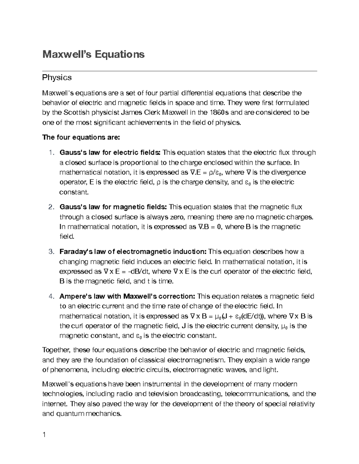 Maxwell's Equations Notes - Maxwell’s Equations Physics Maxwell's ...