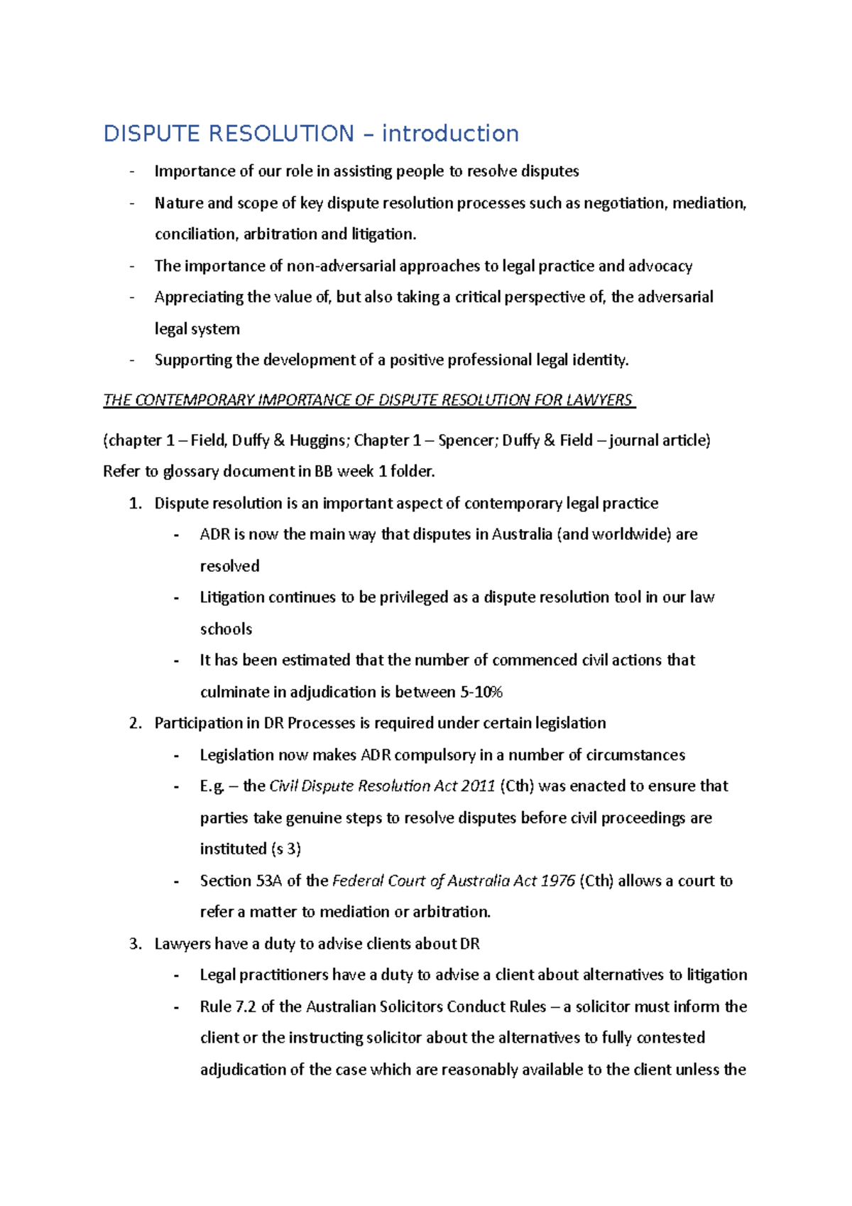 Dispute Resolution - Lecture notes 1-10 - DISPUTE RESOLUTION ...