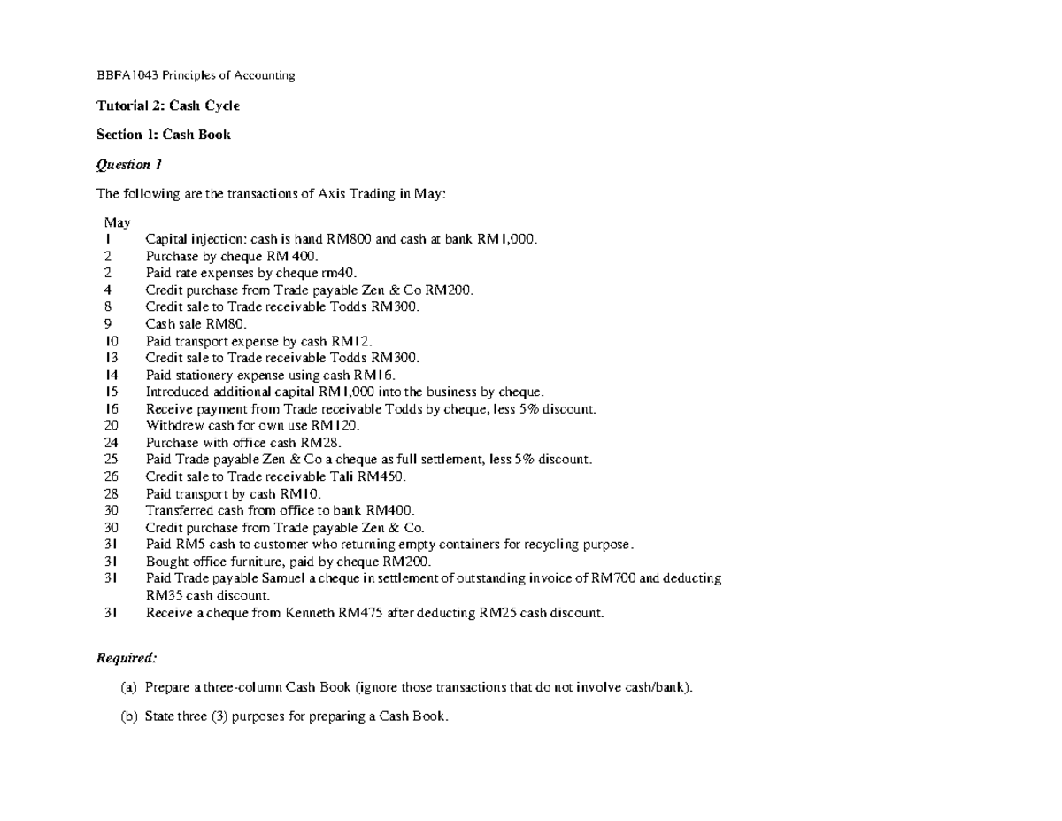 T2 Question - BBFA1043 Principles of Accounting Tutorial 2: Cash Cycle ...