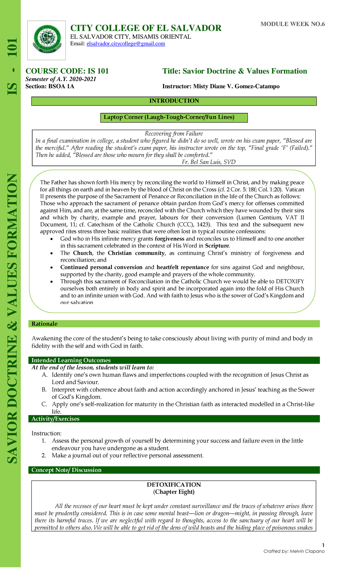 IS101 WEEK 6 (Semi-finals) 1st Semester - 1 SAVIOR DOCTRINE & VALUES ...