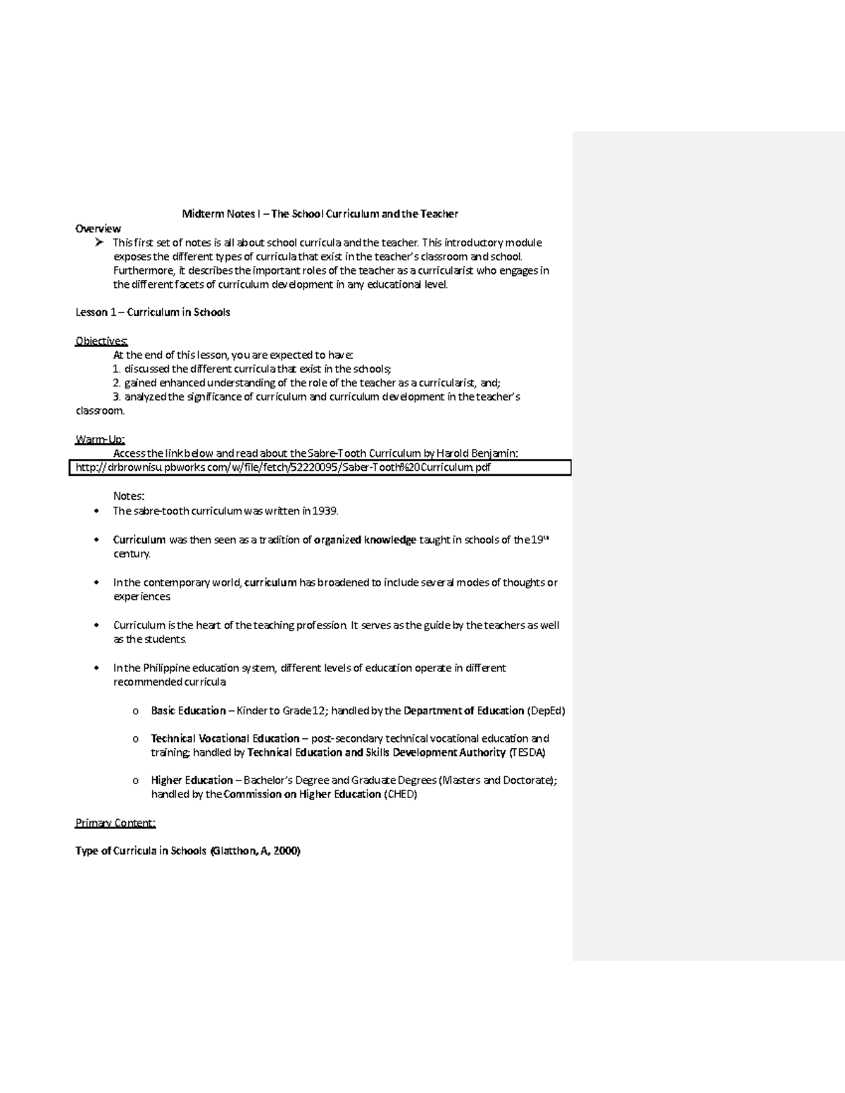 THE School Curriculum AND THE Teacher - Midterm Notes I – The School ...