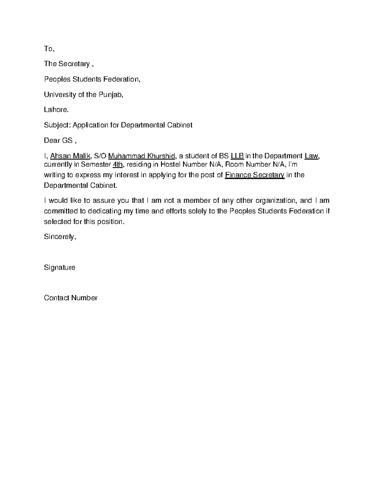 Ahsan doc 2 - dgswgg - To, The Secretary , Peoples Students Federation, University of the Punjab ...