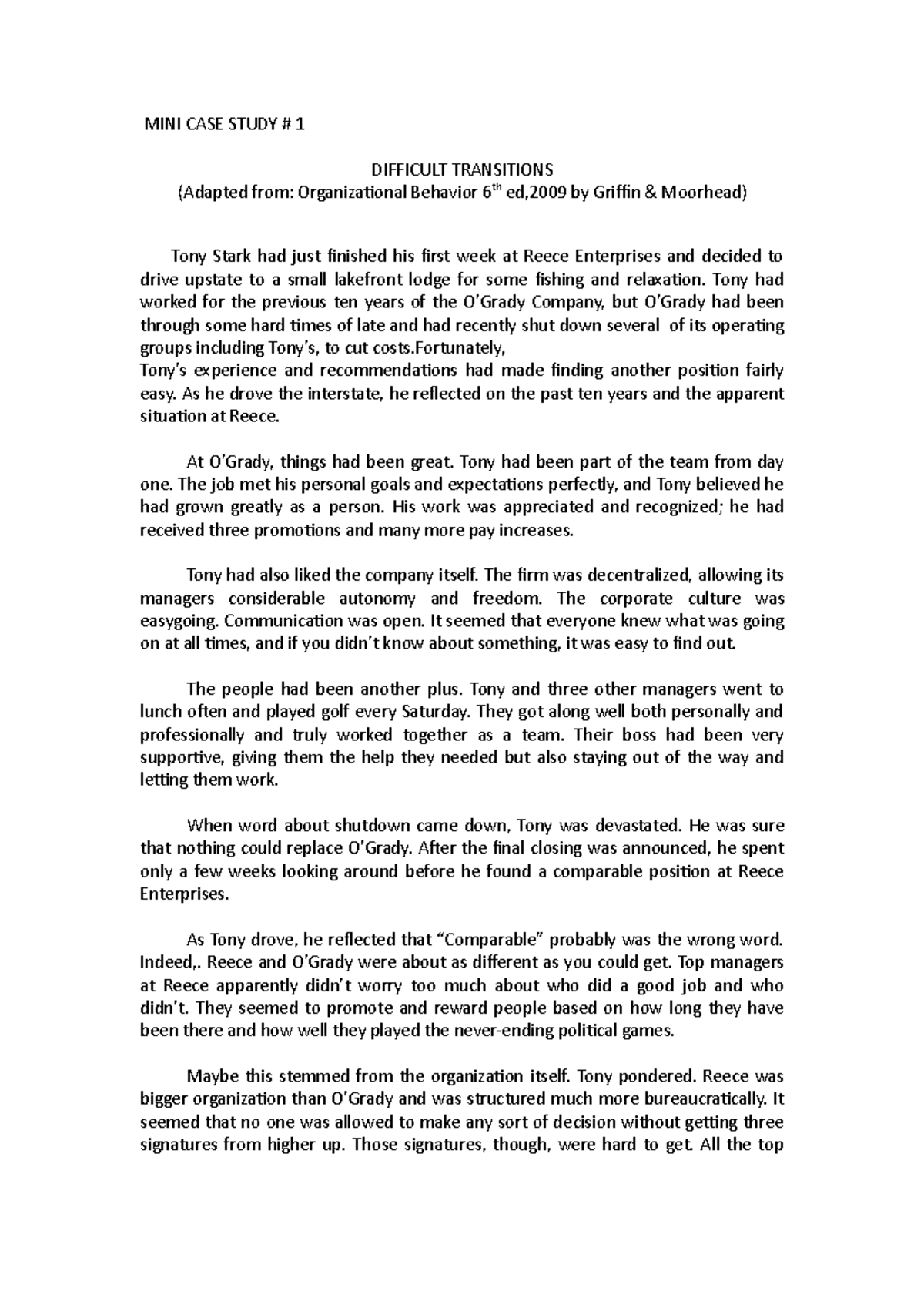 Case Analysis - Tony Stark - MINI CASE STUDY # 1 DIFFICULT TRANSITIONS ...
