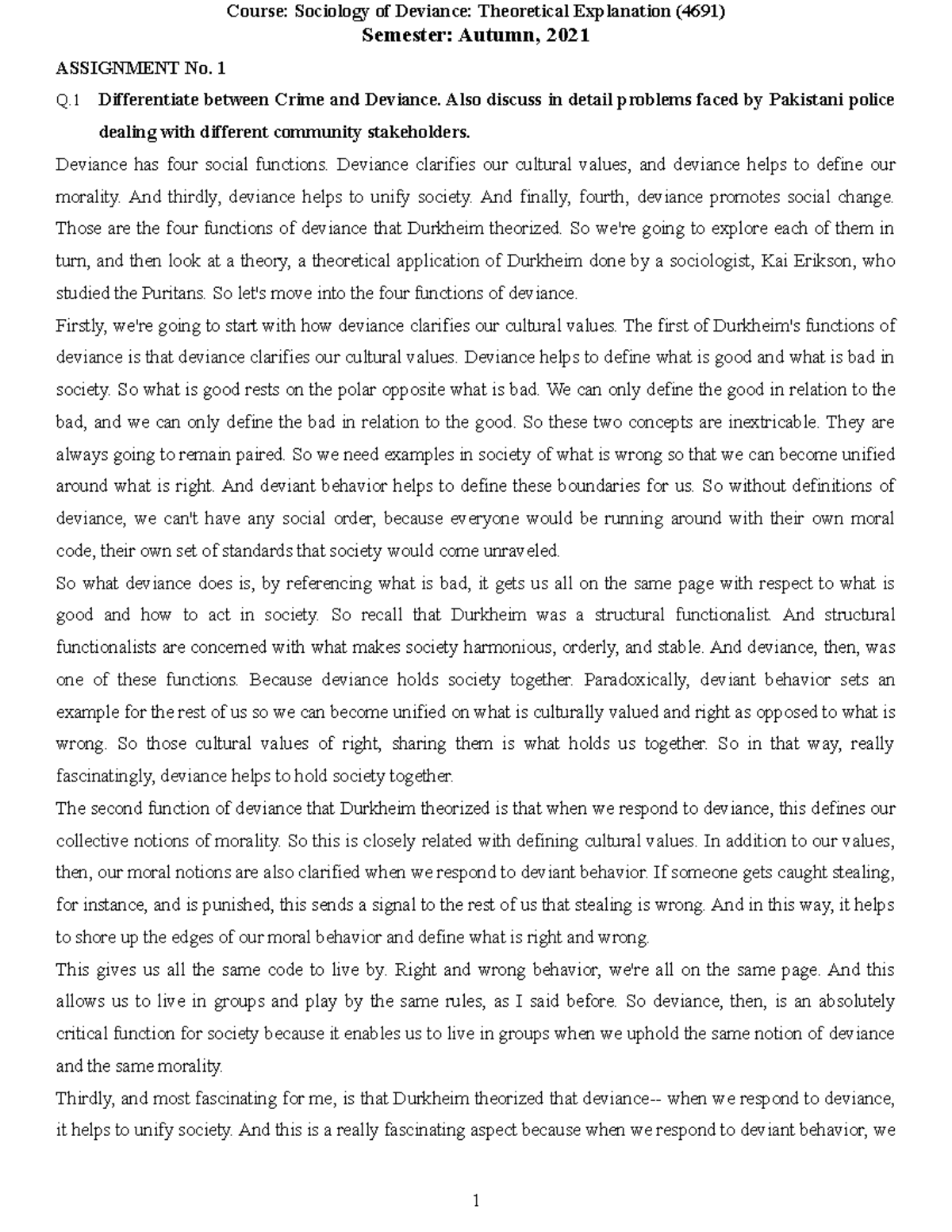 4691-1 - Sociology assignment - Semester: Autumn, 2021 ASSIGNMENT No. 1 ...