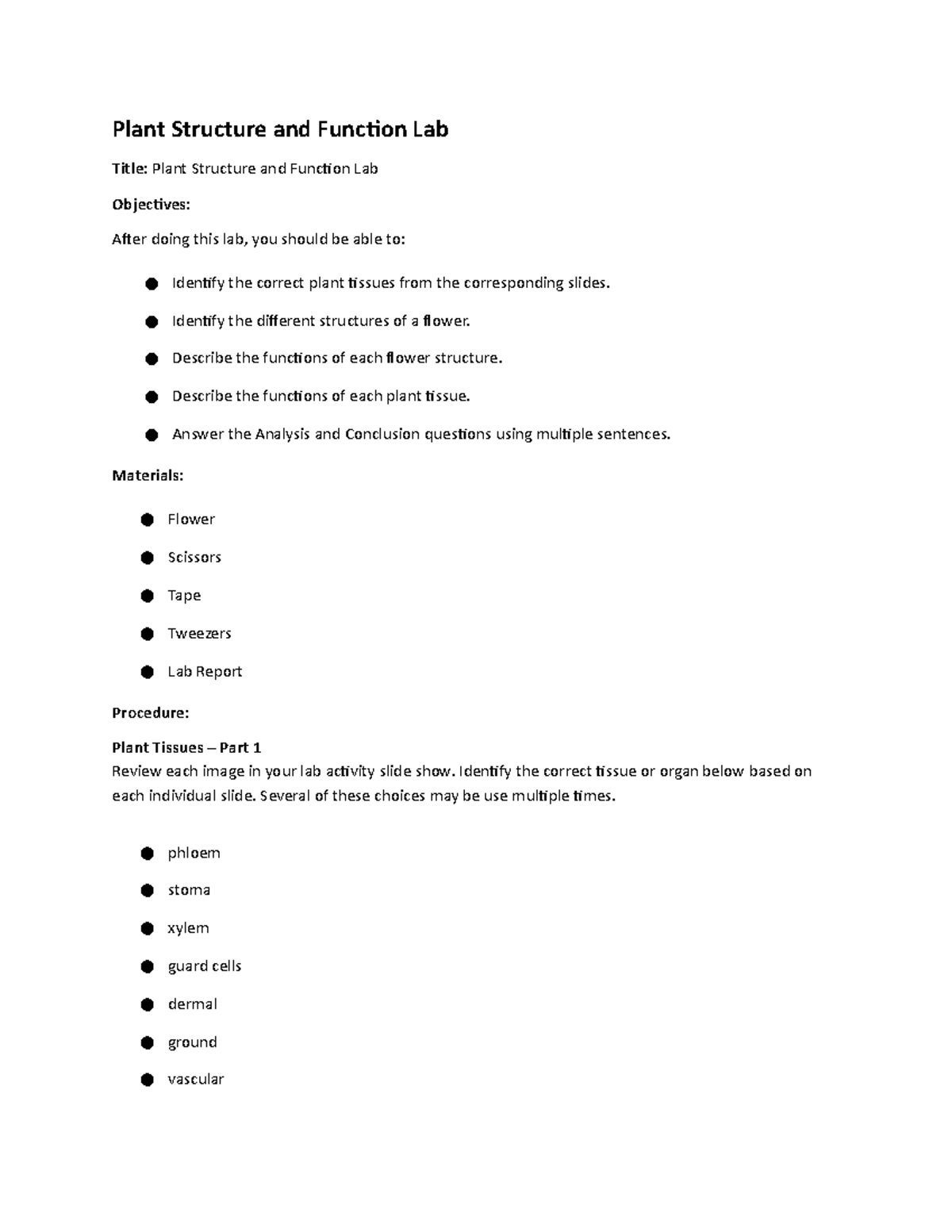 Virtual plants lab report - Plant Structure and Function Lab Title ...