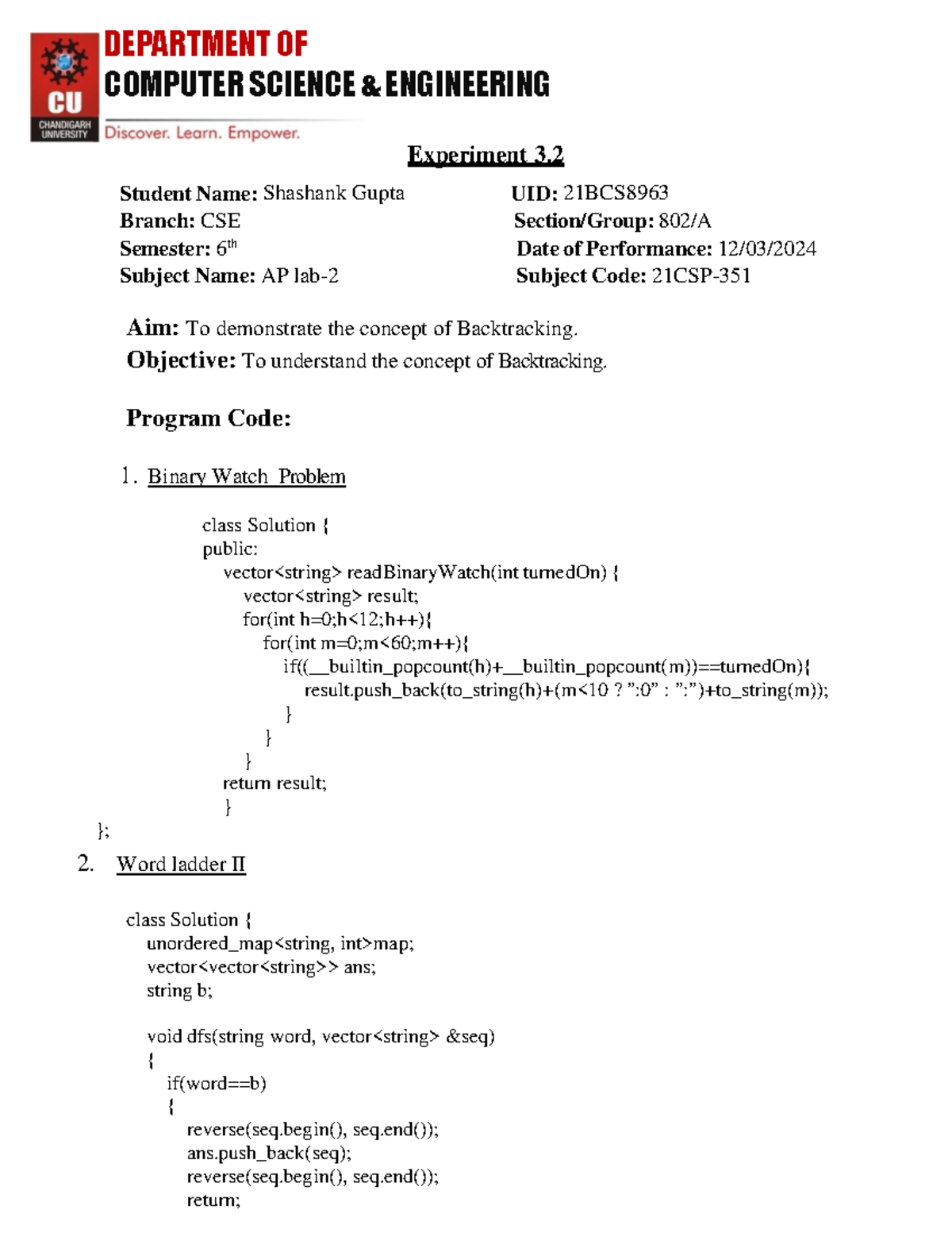Ap 3.2 sk - advance programming lab exps - COMPUTER SCIENCE & ENGINEERING Experiment 3. 2 - Studocu