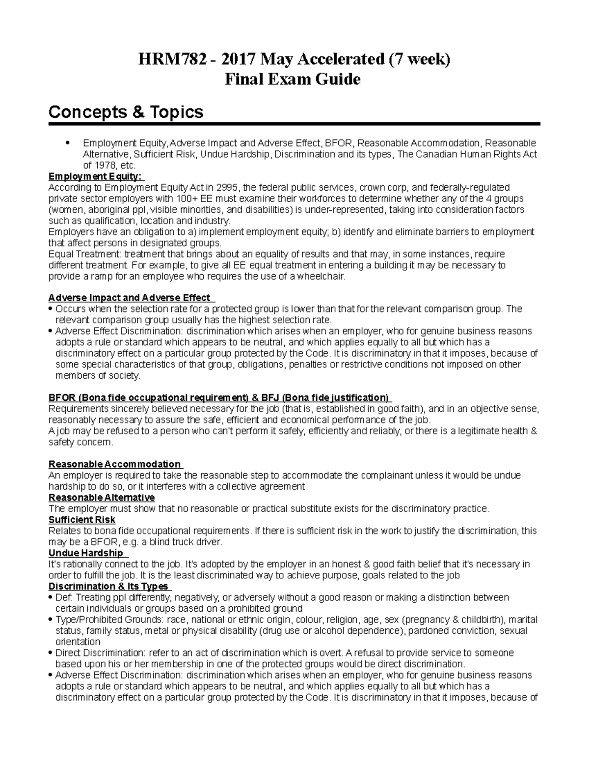 2018 Study Guide to Final Exam - HRM782 - 2017 May Accelerated (7 week ...
