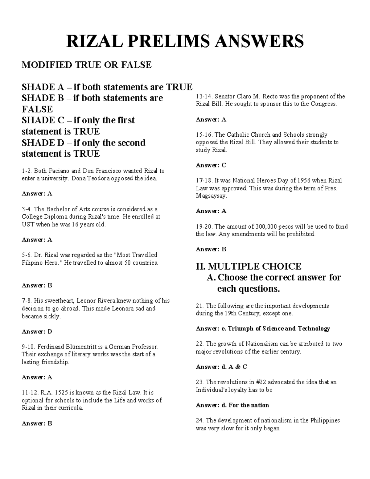 Rizal Prelims Answers - reviewer - RIZAL PRELIMS ANSWERS MODIFIED TRUE ...